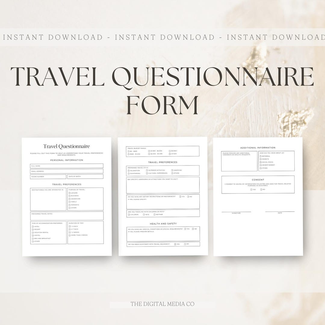 Travel Agent Client Questionnaire , Vacation Inquiry Form, Tour Agency ...