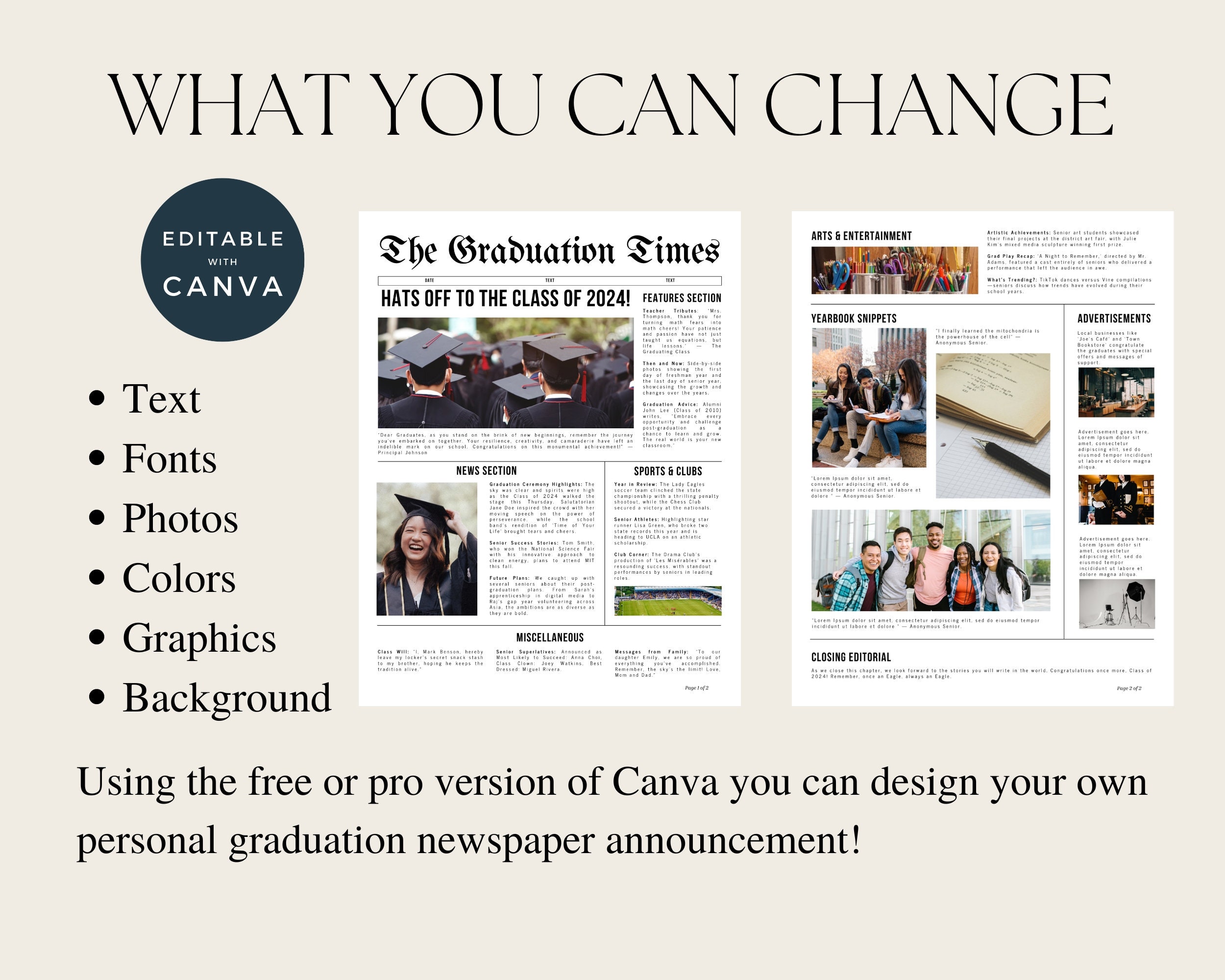 Graduation Newspaper Template, Editable Canva Flyer, Education ...