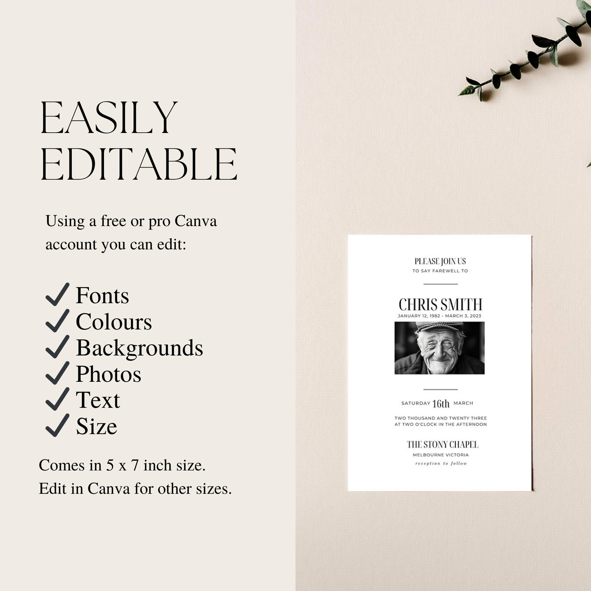 Personalized Funeral Invitation, Funeral Memorial Invite Template ...