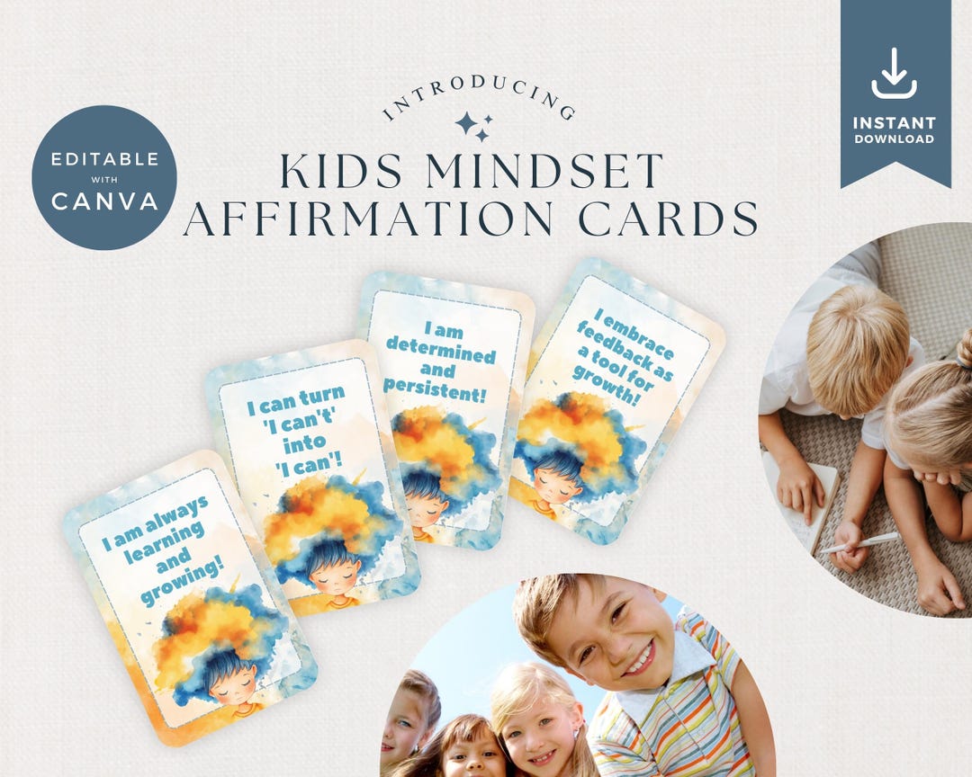 Kids Mindset Affirmation Cards Template Canva, Positive Phrases for ...