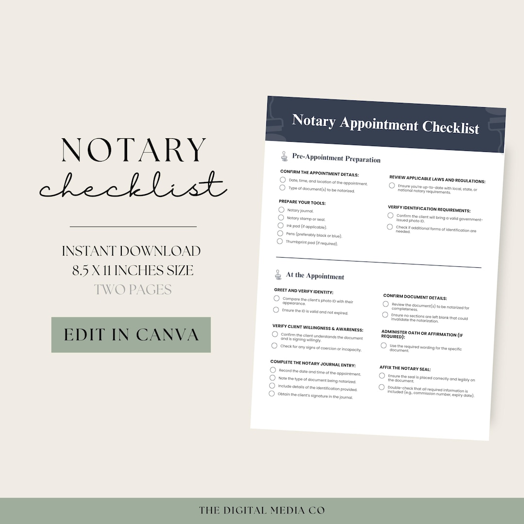 Notary Appointment Checklist, Notary Public Check List, Mobile Notary ...