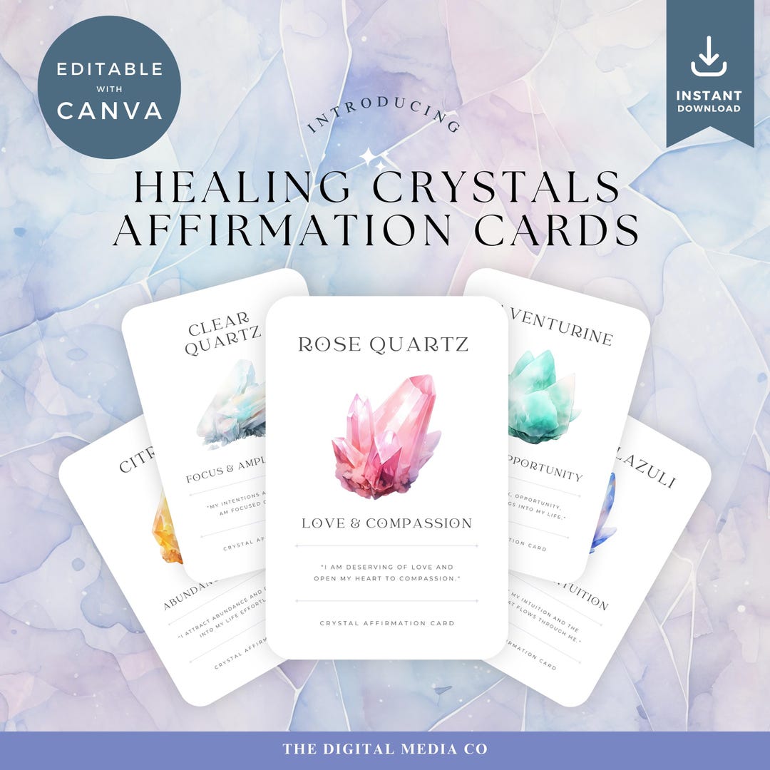 Healing Crystals Deck, Canva Affirmation Cards, Printable Healer Cards ...