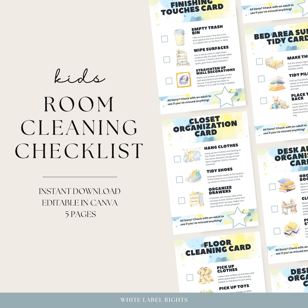 Kids Cleaning Room Checklist, Printable Chore Chart, Room Organization ...