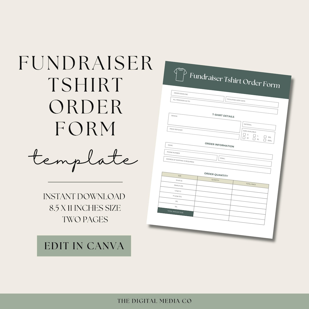 Fundraiser T-shirt Order Form, T-shirt Order Sheet, Donation Shirt ...