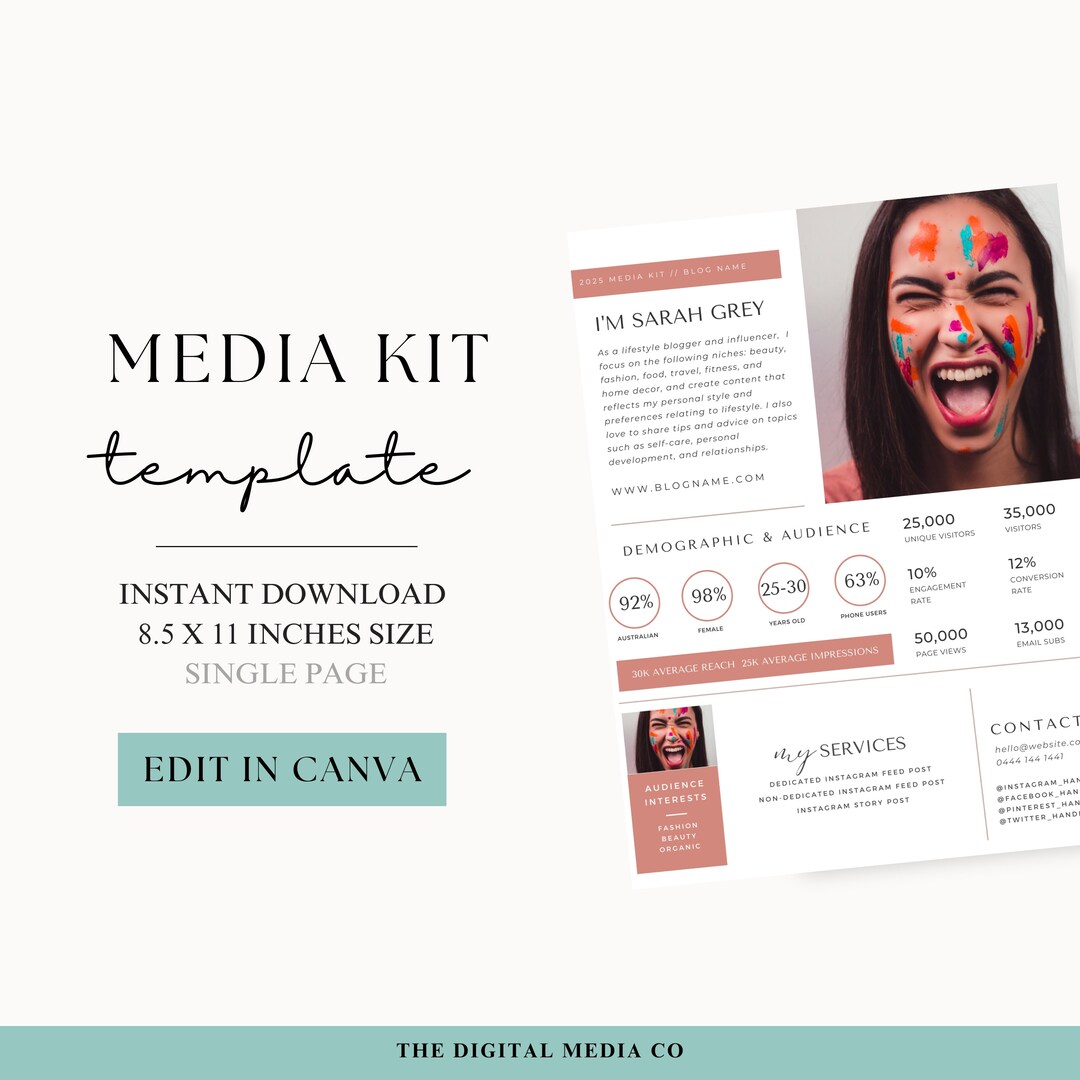 Single Page Media Kit Canva Template INSTANT DOWNLOAD Influencer Media ...