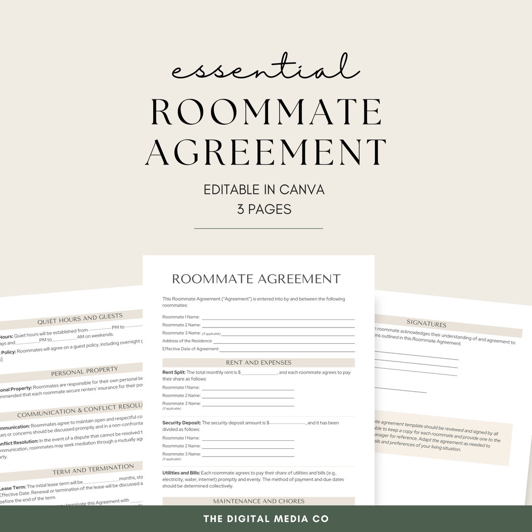 Roommate Agreement, Printable First Apartment Contract, Digital Canva ...