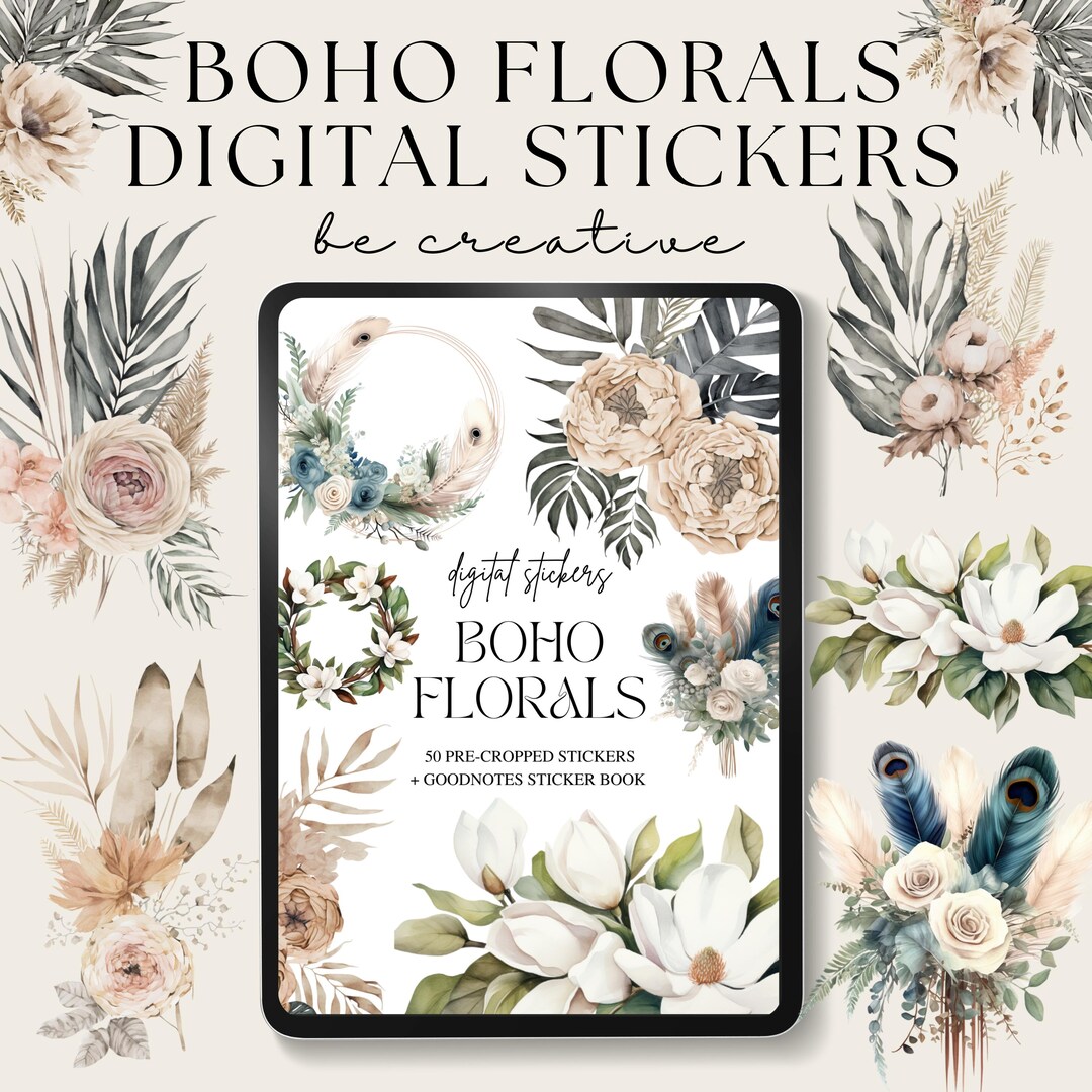 Boho Flower Digital Stickers, Goodnotes Floral Stickers, Plant Stickers ...