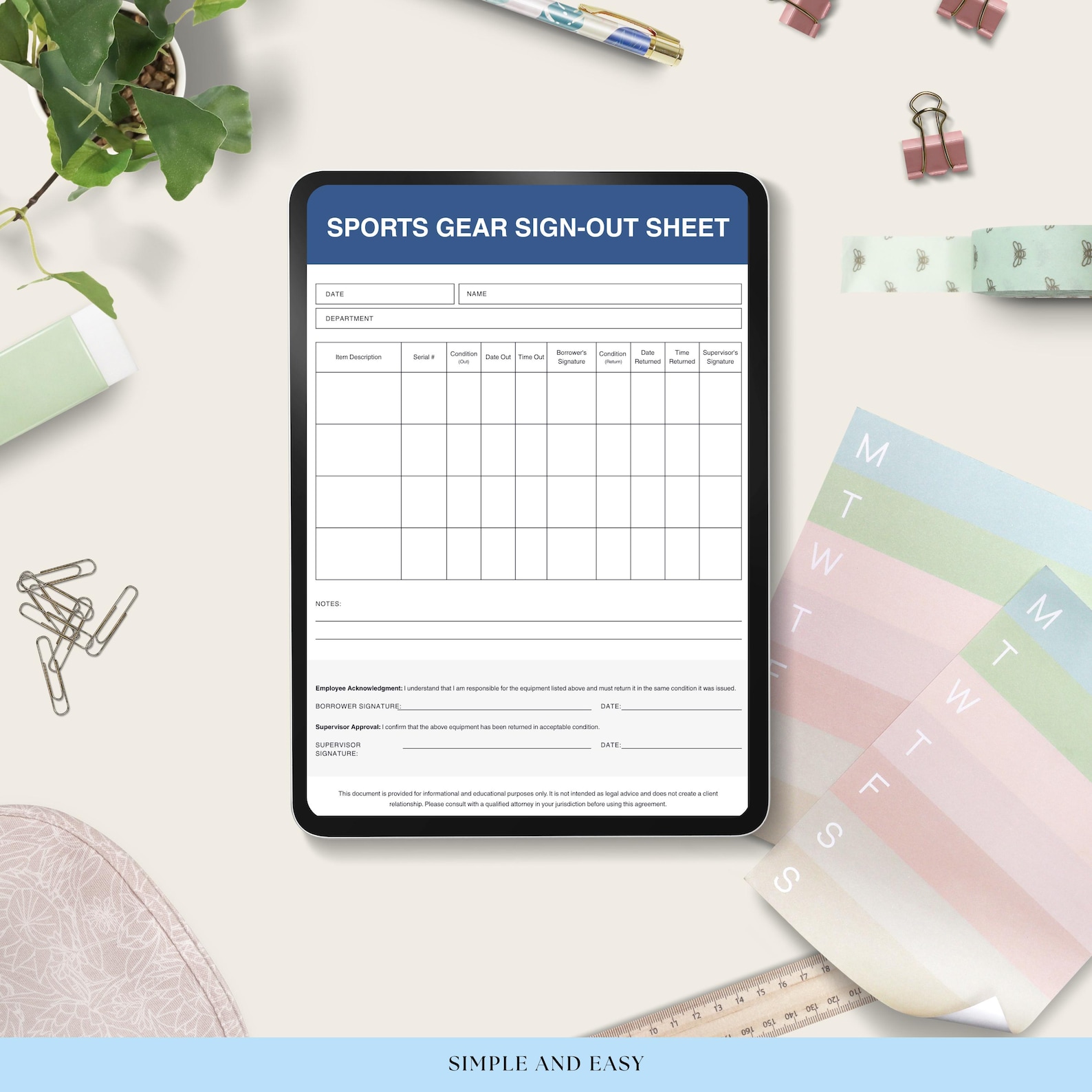 Sports Gear Sign Out Sheet, Editable Log Sheet for Sporting Equipment ...