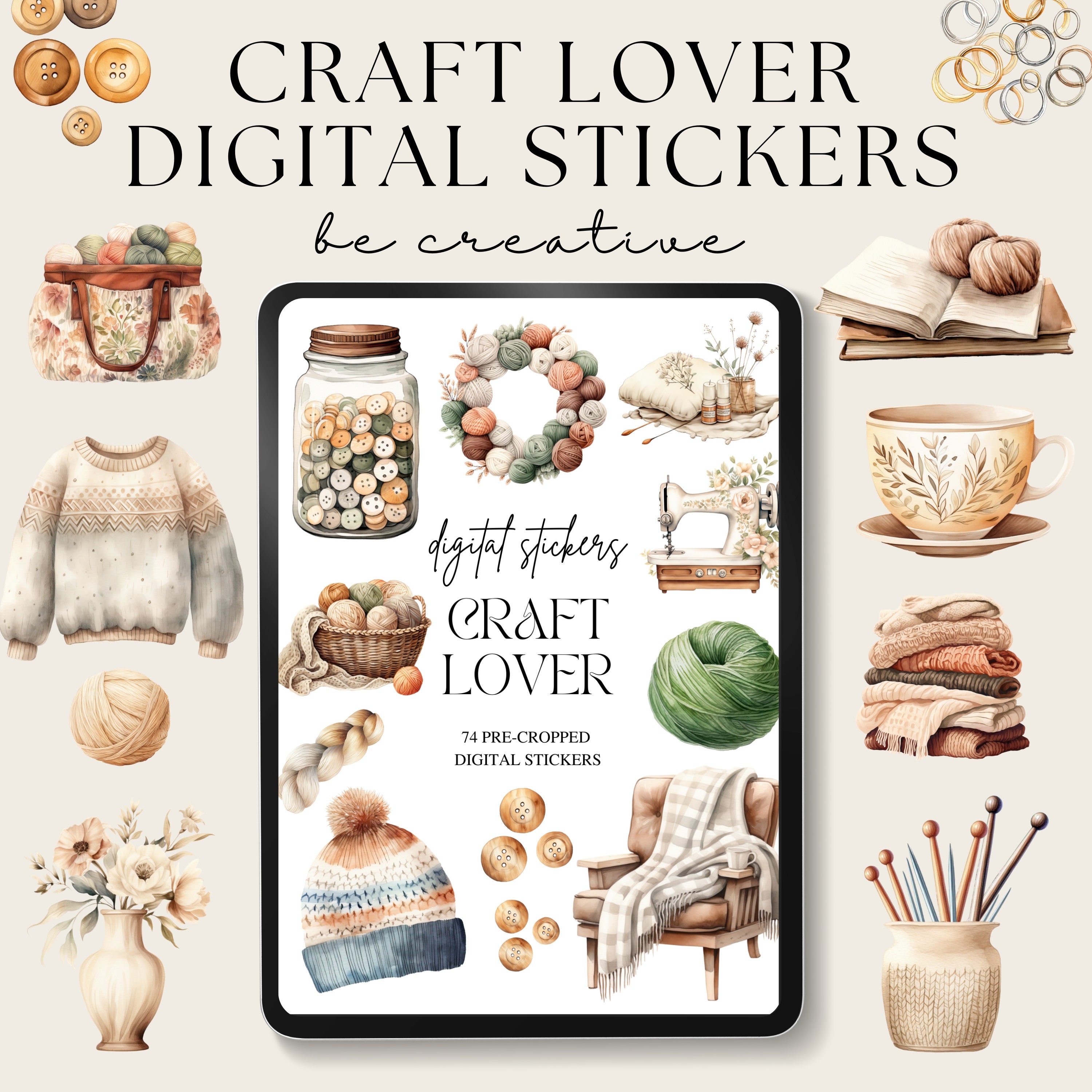 Craft Lover Stickers, Cropped Png Files, Knitting Clipart, Crochet ...