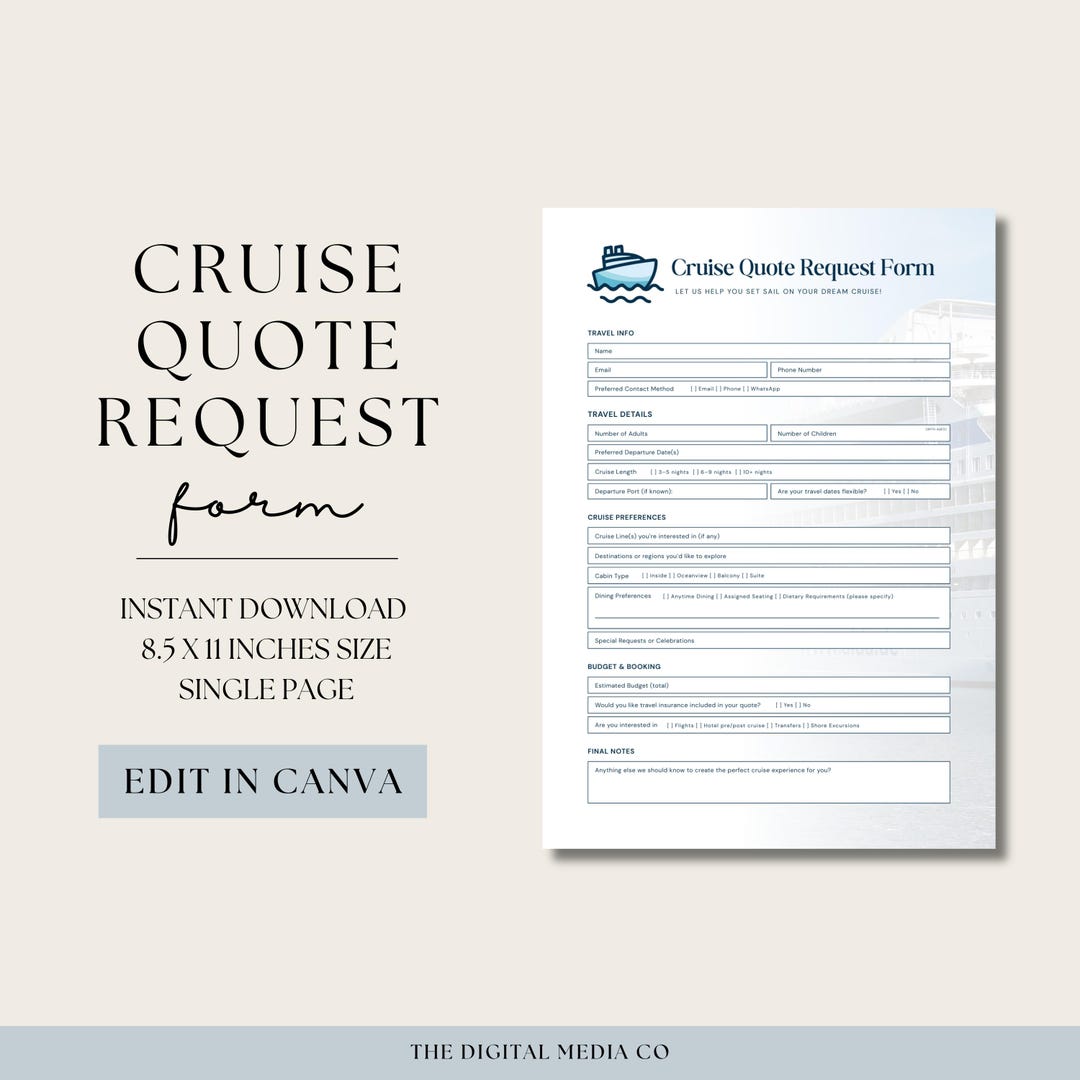 Cruise Quote Request Form Template, Travel Agent PDF, Editable ...