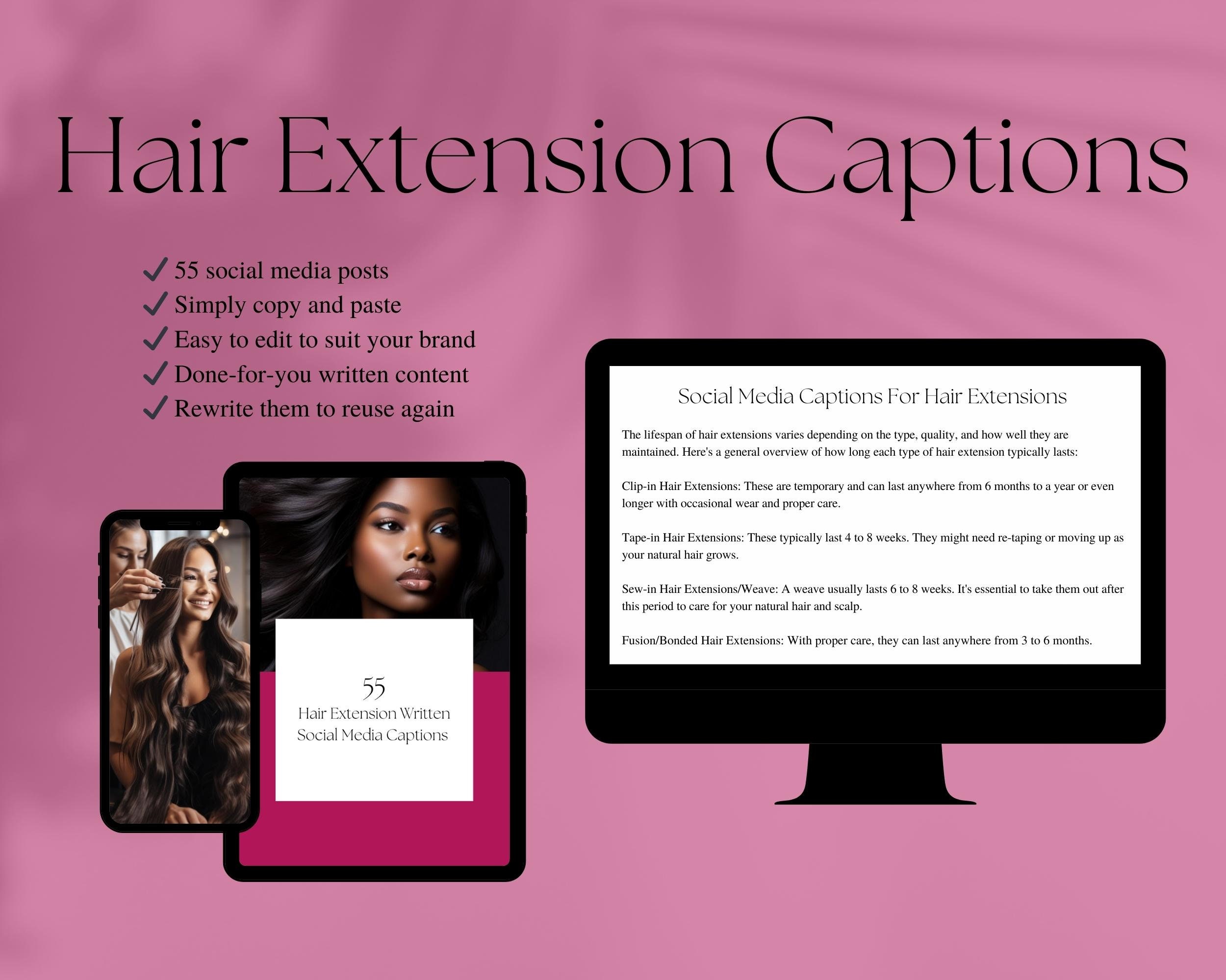 Hair Extension Written Social Media Captions, Esthetician Beauty Posts ...