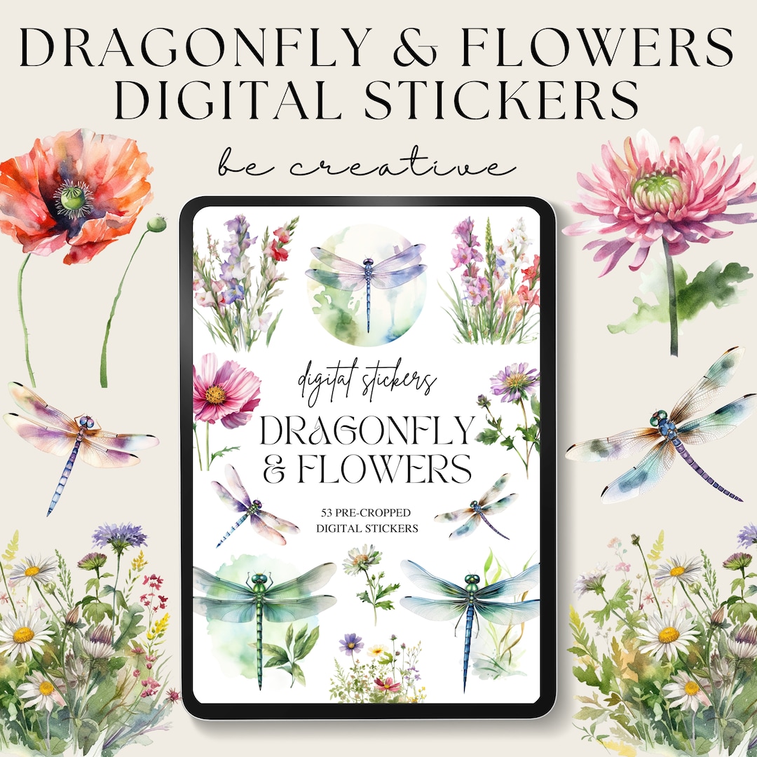 Dragonfly & Flower Digital Planner Stickers, Goodnotes Stickers, Dragon ...