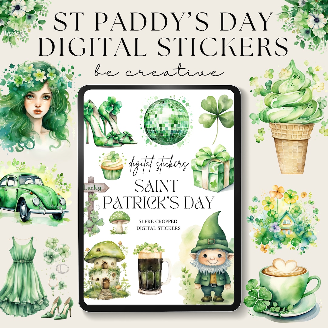 St Patrick's Day Digital Stickers, Goodnotes Planner Stickers, Green ...
