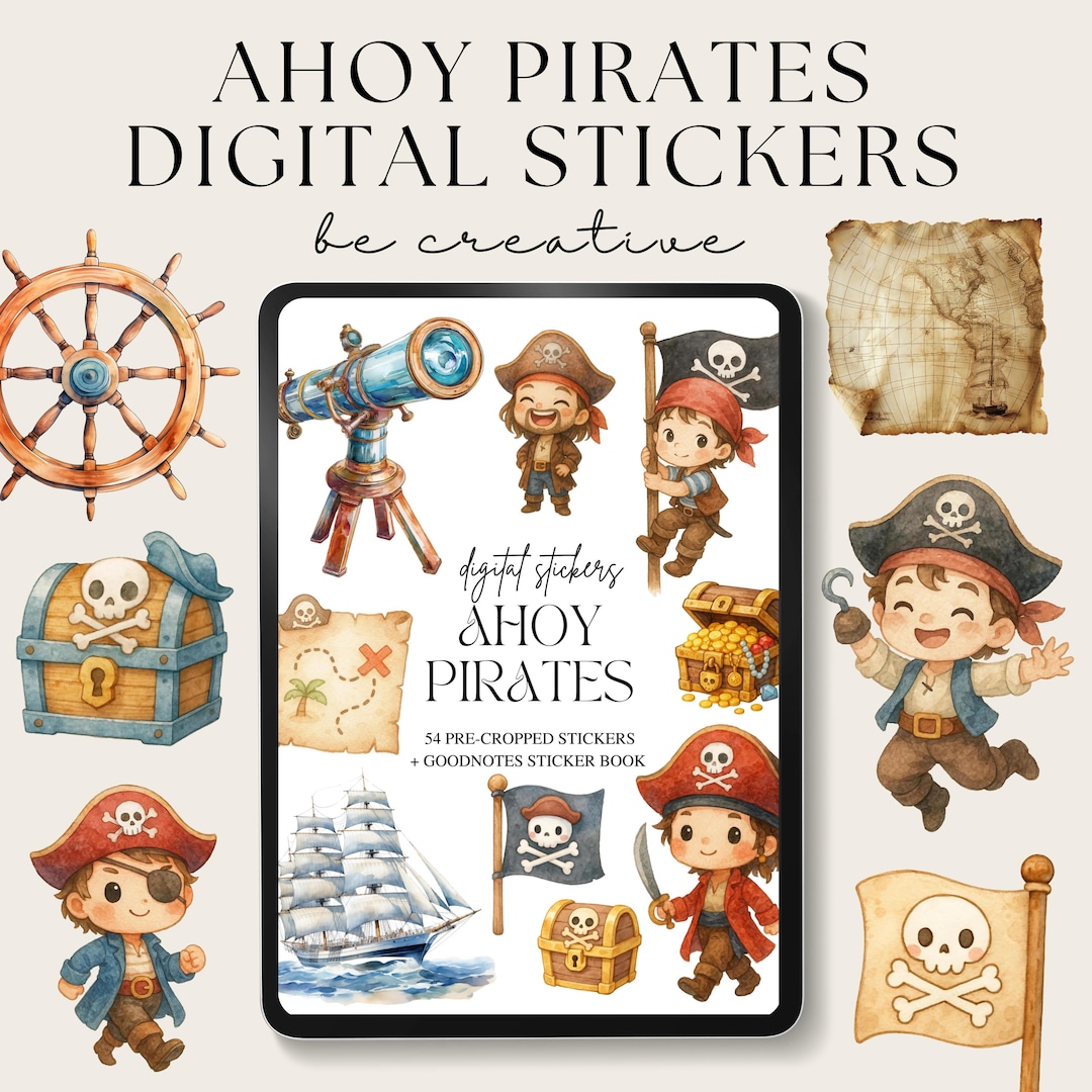 Ahoy Pirates Digital Stickers, Cute Pirate Sticker Pack, Treasure ...