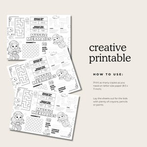 Mermaids Activity Placemat for Kids, Printable Coloring & Games Mat ...