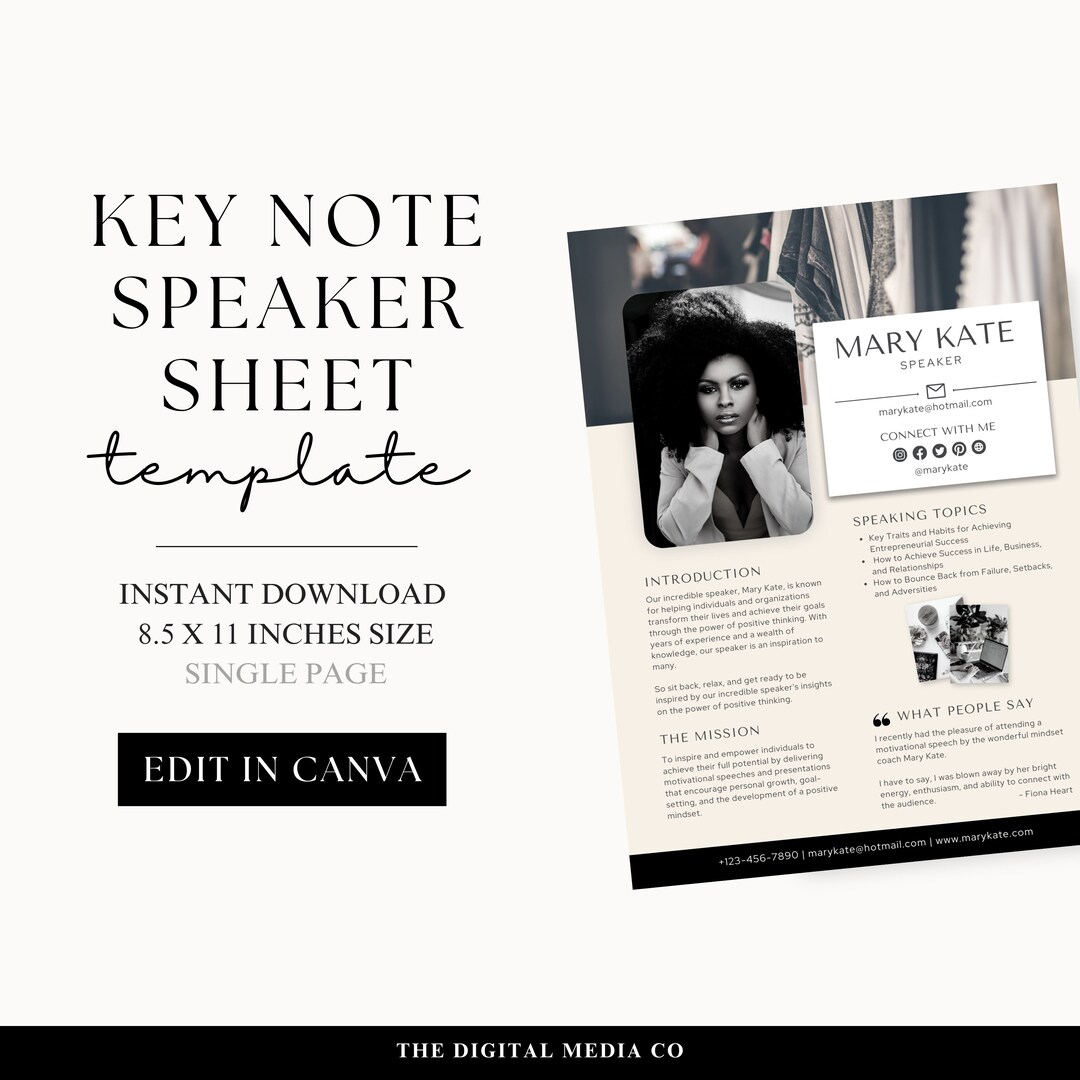 Speaker One Sheet | Speaker Sheet Template | Canva Keynote Speaker Marketing | Seminar Page ...