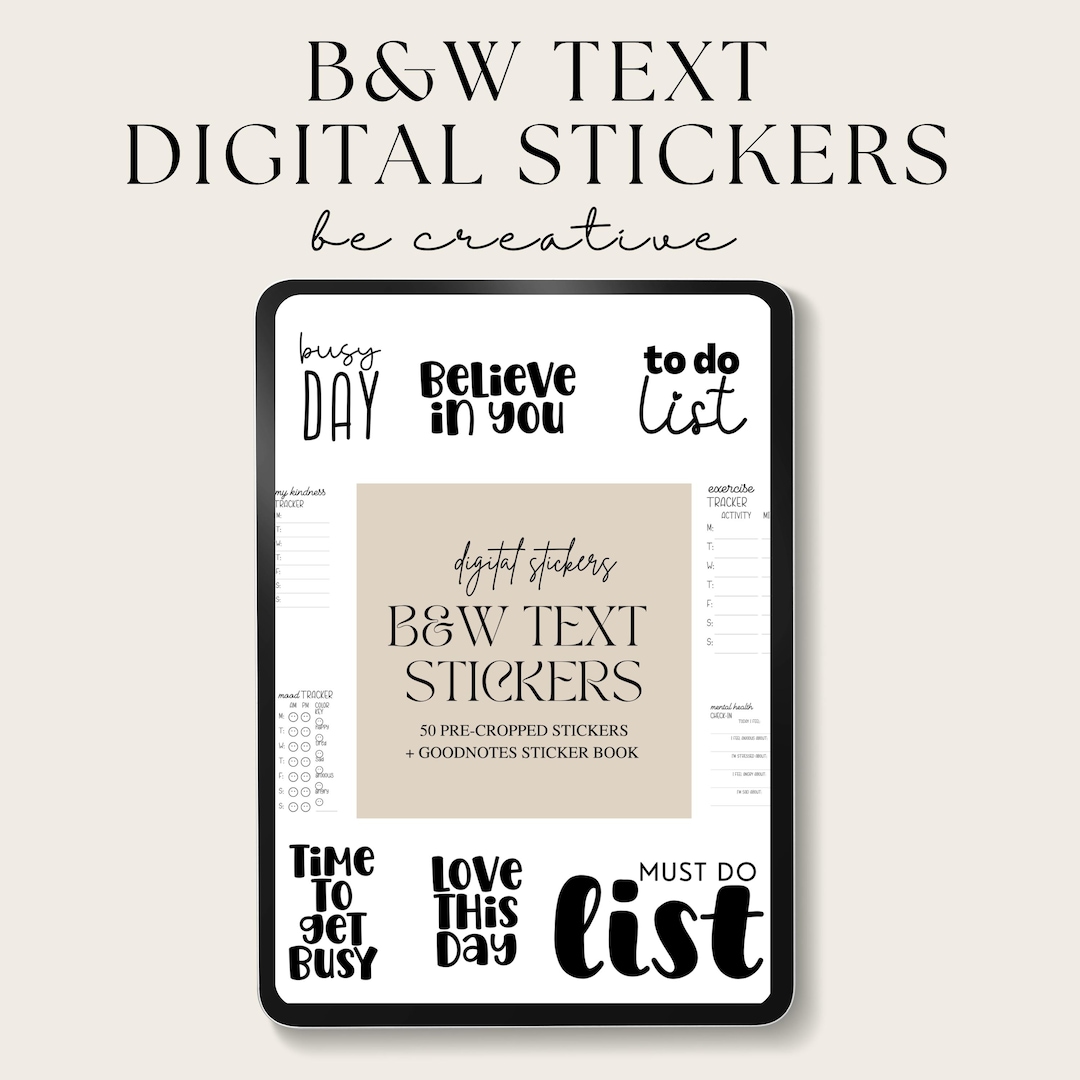 Black and White Text Stickers for Goodnotes, Digital Planner Quotes PNG ...