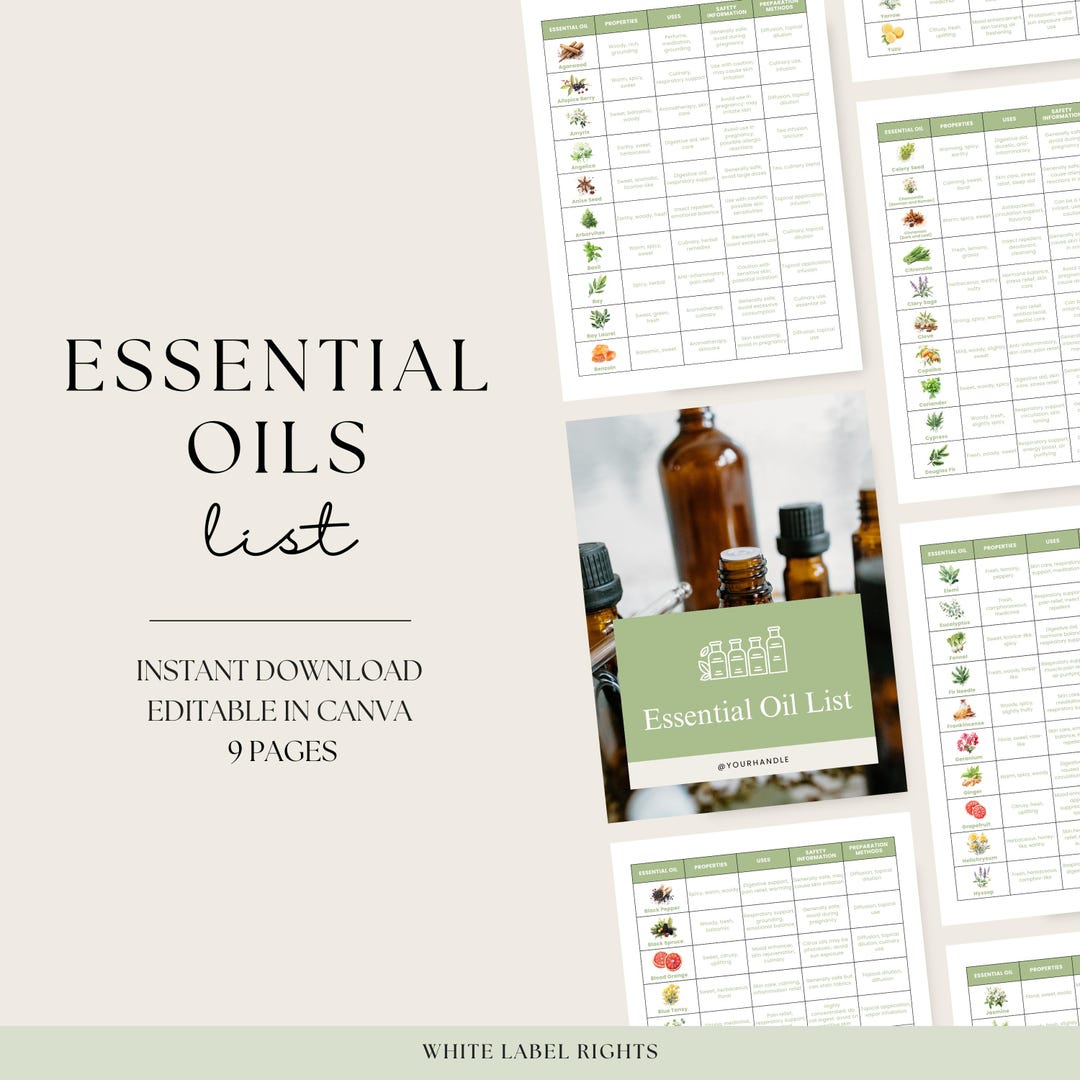 Essential Oil List Template, Canva Editable Printable, Aromatherapy ...