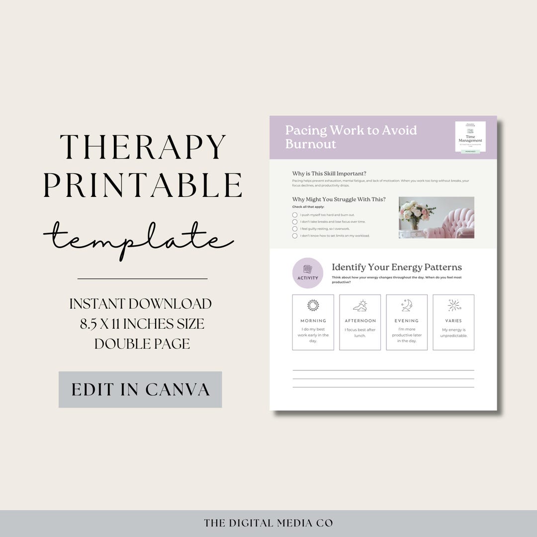 Therapy Worksheets, Work Sheets for Pacing Work to Avoid Burnout, Self ...