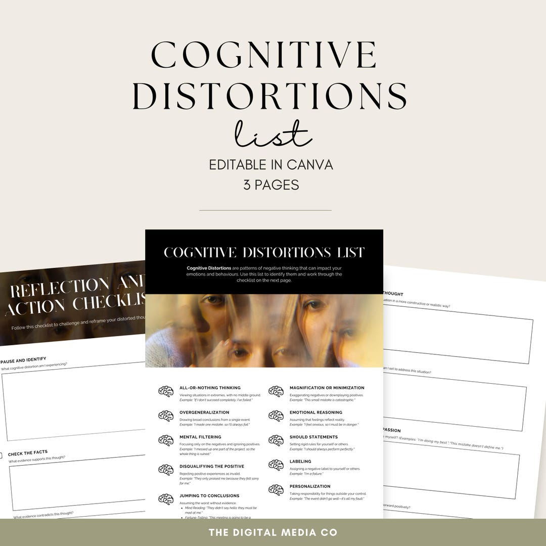 Cognitive Distortions List, Printable Mental Health Worksheet, 3-page ...