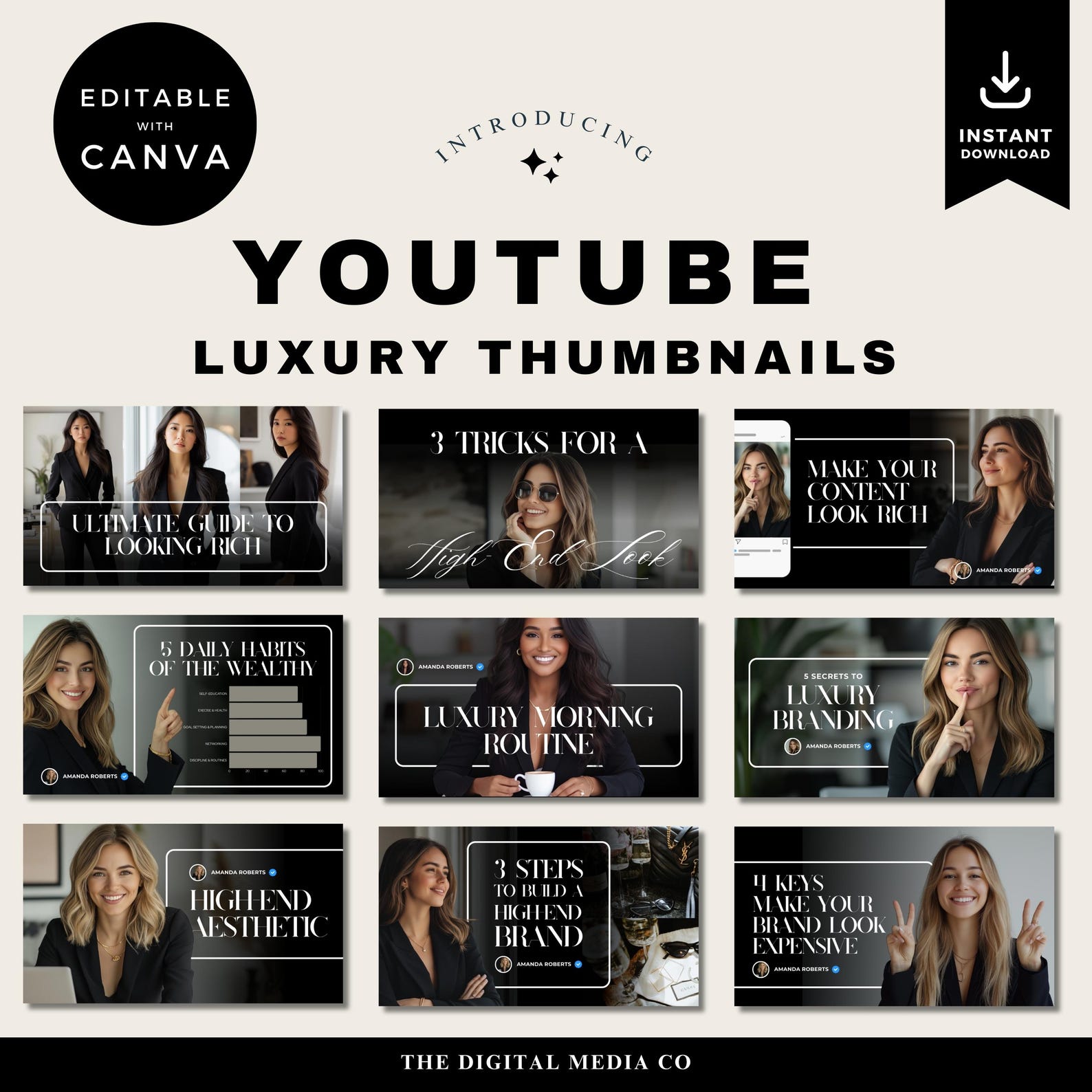 Luxury Youtube Thumbnails | 10 Black Aesthetic Templates | Editable ...