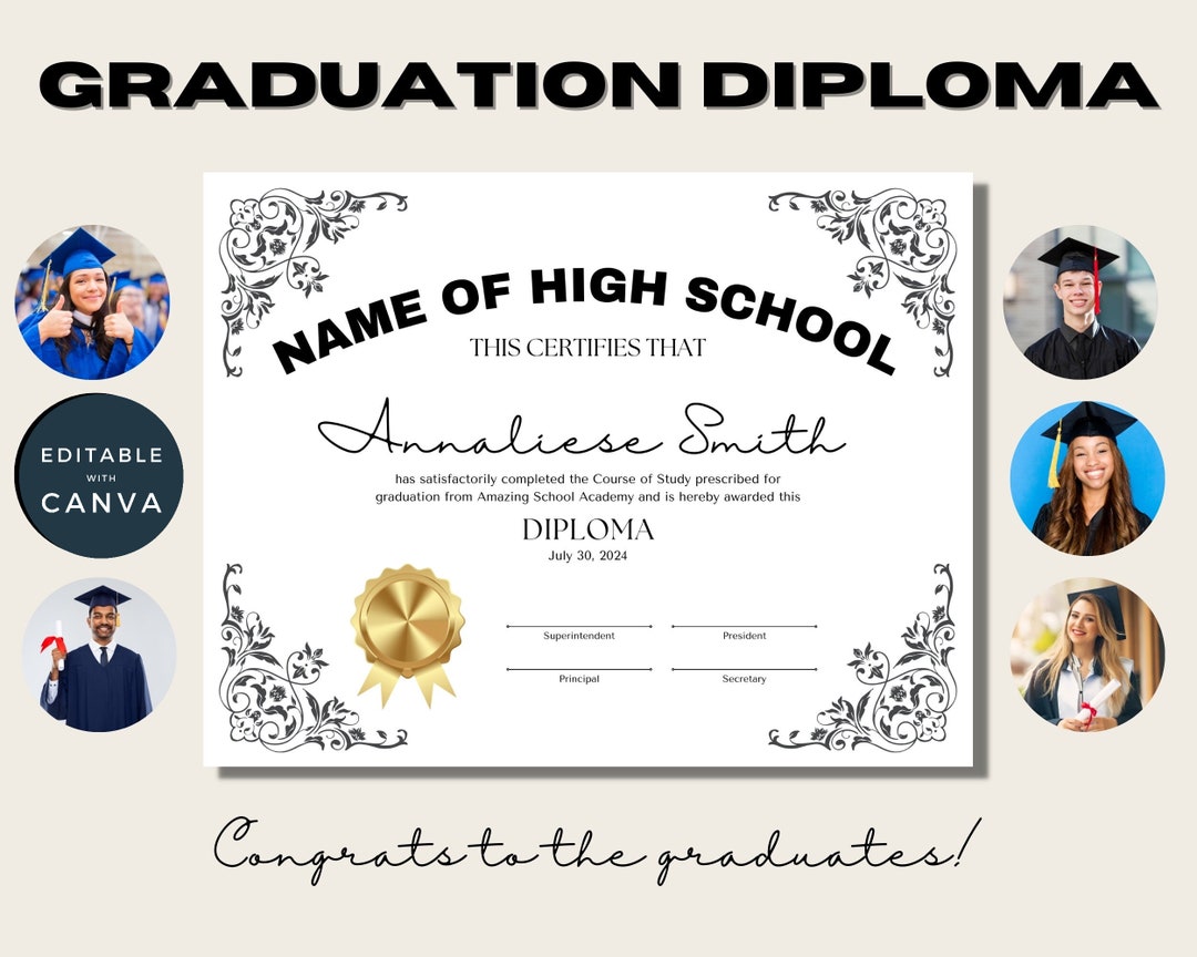 High School Diploma Template, General Equivalency Diploma, Editable ...