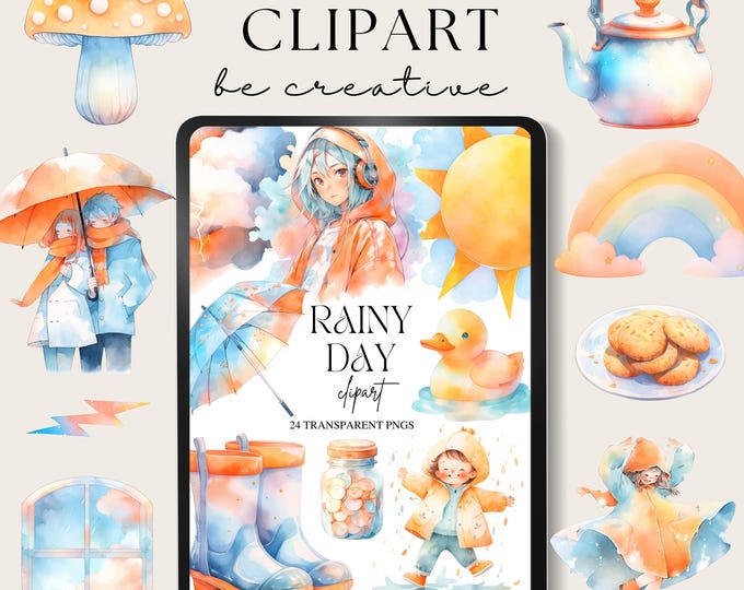 Watercolor Rainy Day Clipart Png Bundle, Spring Girl Clipart, Rain ...