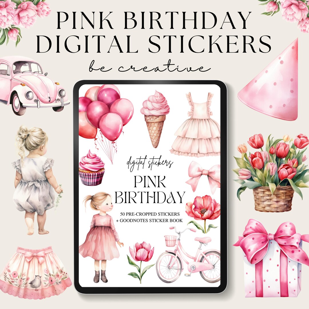 Pink Birthday Stickers, Cropped Digital Png Files, Celebration Clipart ...