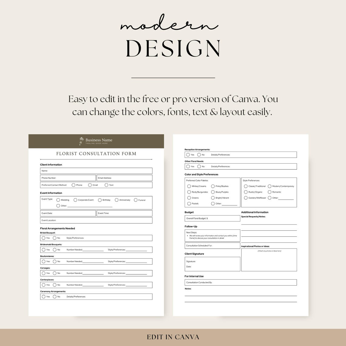 Florist Consultation Form, Printable Wedding Flower Planner, Floral ...