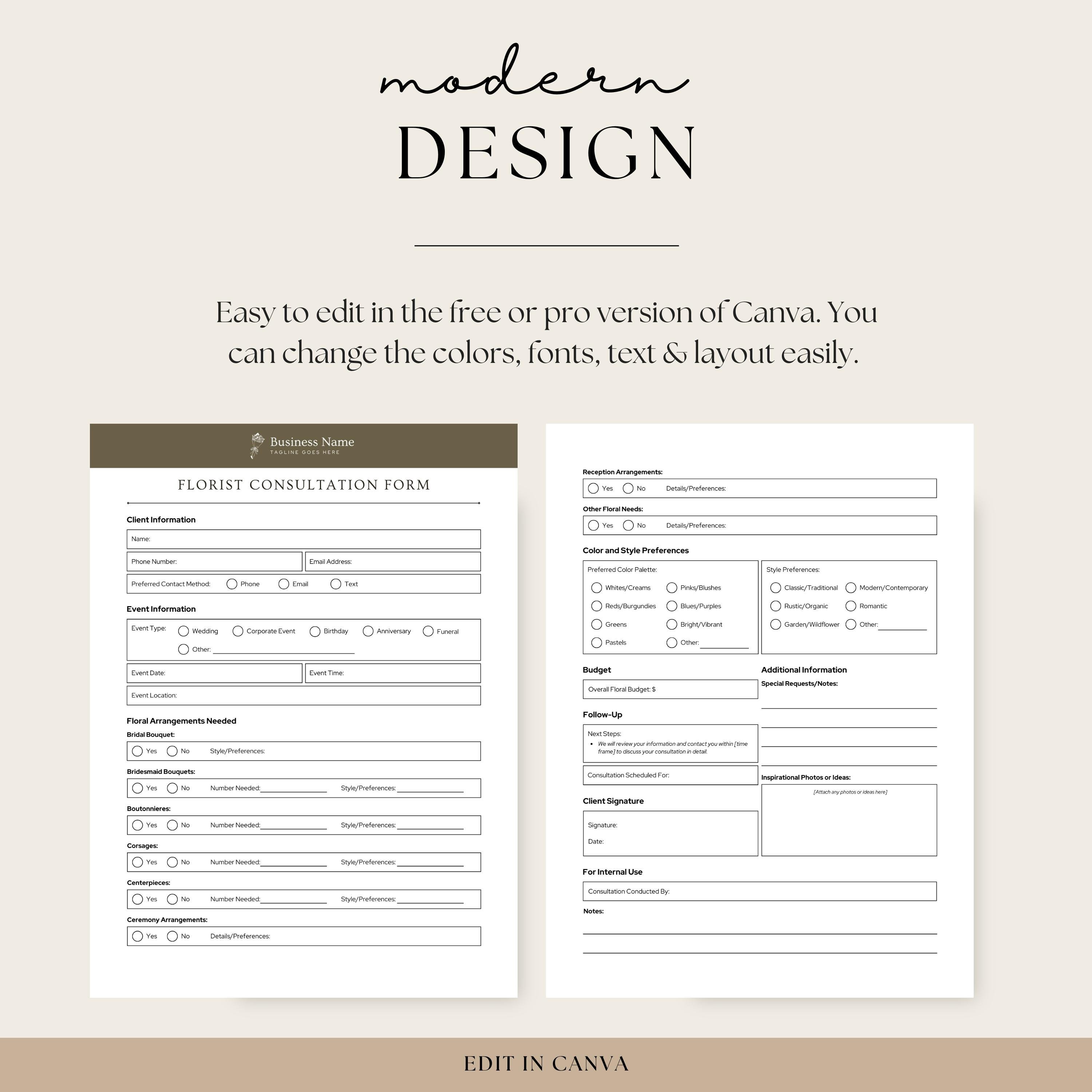 Florist Consultation Form, Printable Wedding Flower Planner, Floral ...