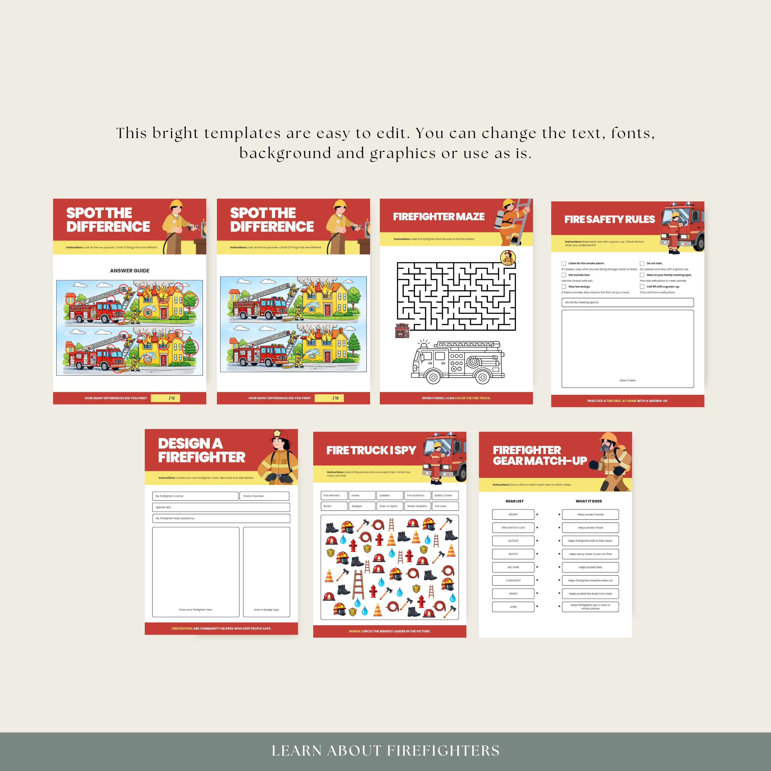 Firefighter Activity Sheets Canva Template, Kids Fire Safety Printable ...