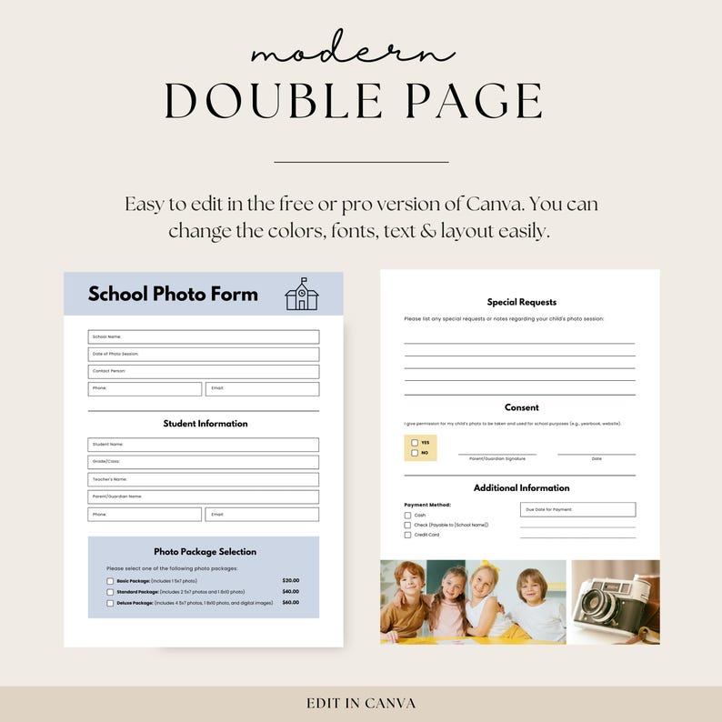 School Photo Form, Printable Template, Photography Order Form, Editable ...