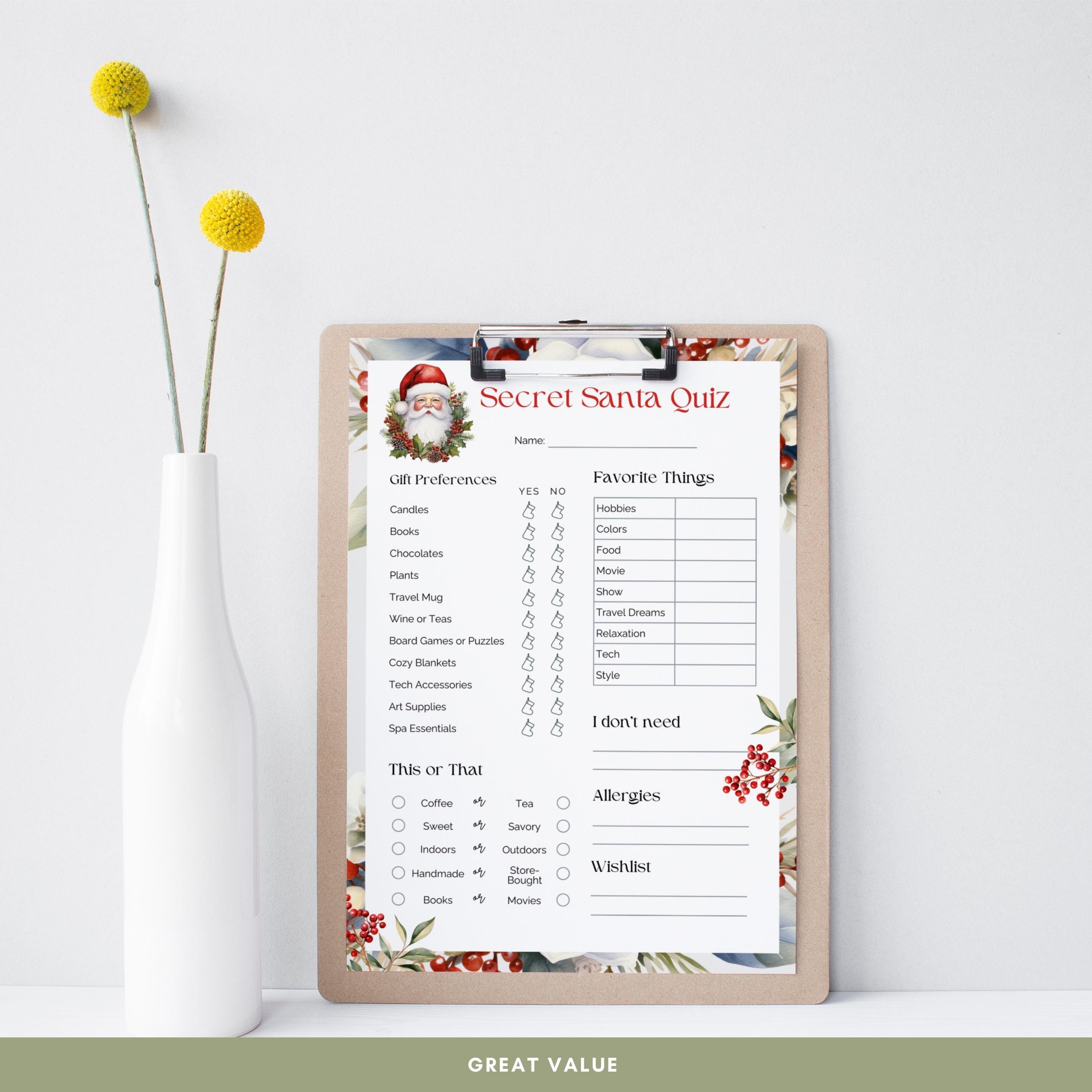 Secret Santa Questionnaire | North Pole Printable | Holiday Wishlist ...