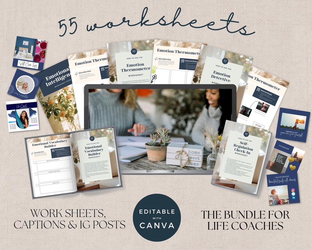 Life Coach Canva Template Bundle, Emotional Intelligence Worksheet Set ...