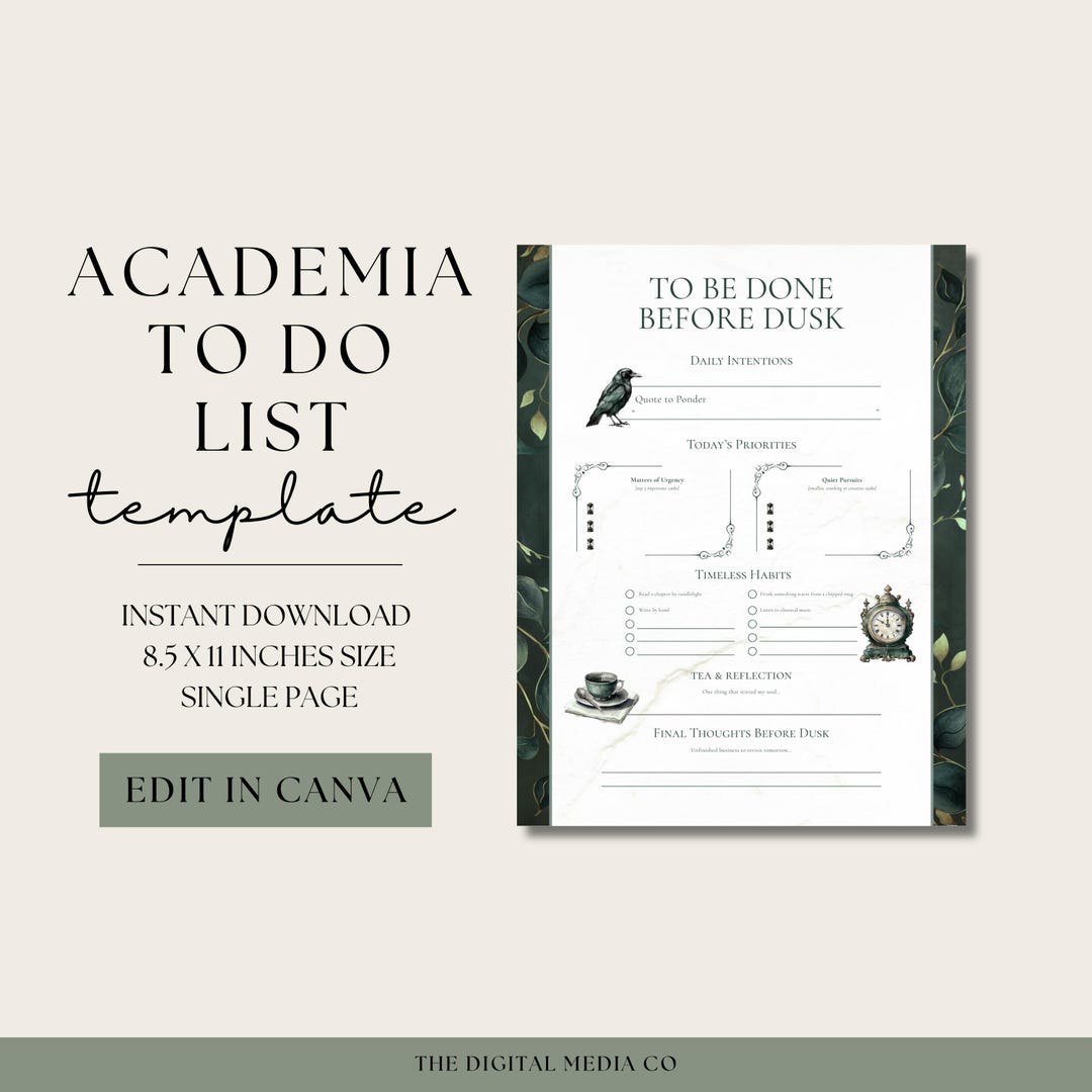 Dusk Daily Planner Digital, Printable Task List, Raven Clock Themed ...