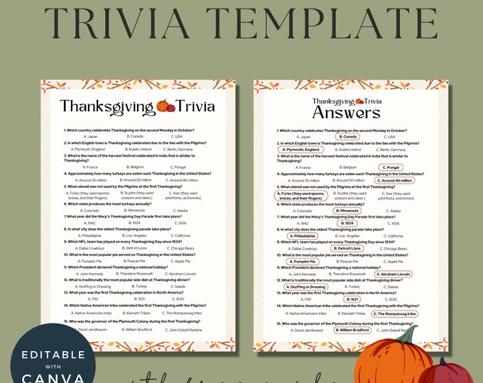 Thanksgiving Trivia, Adult Party Games, Friendsgiving Trivia Game ...