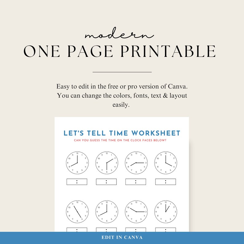 Tell the Time Worksheet, Clock Printable, School Work Sheet, Learning ...