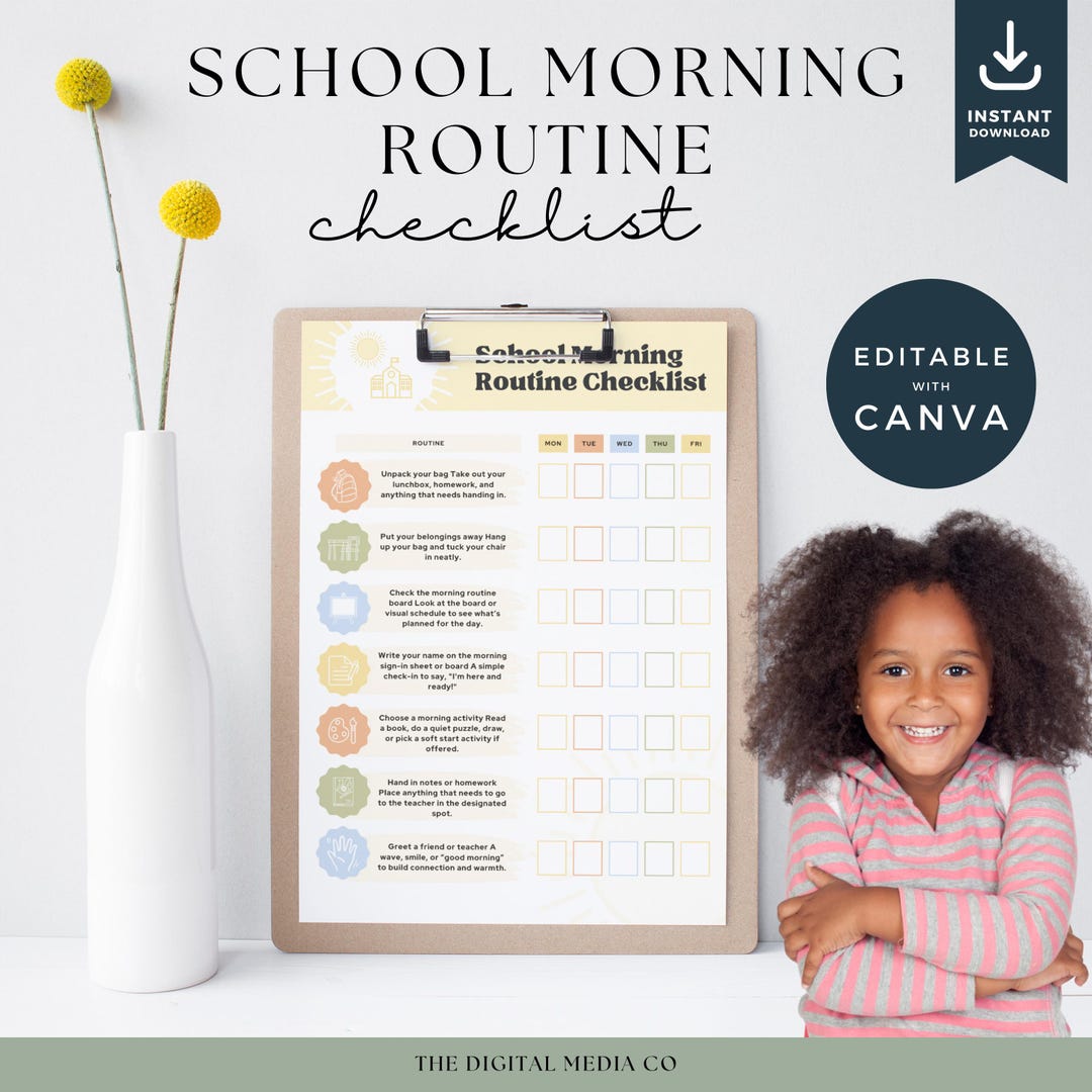 School Morning Routine Checklist, Kids Morning Char, Editable Back to ...