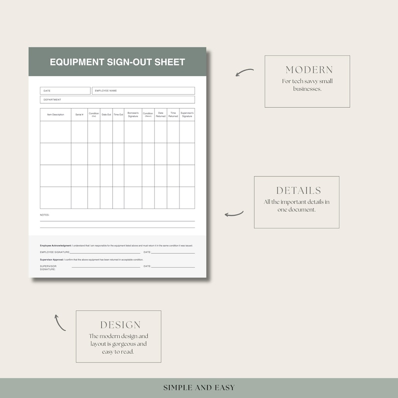 Equipment Sign Out Sheet, Editable Log Sheet for Tool Checkout ...