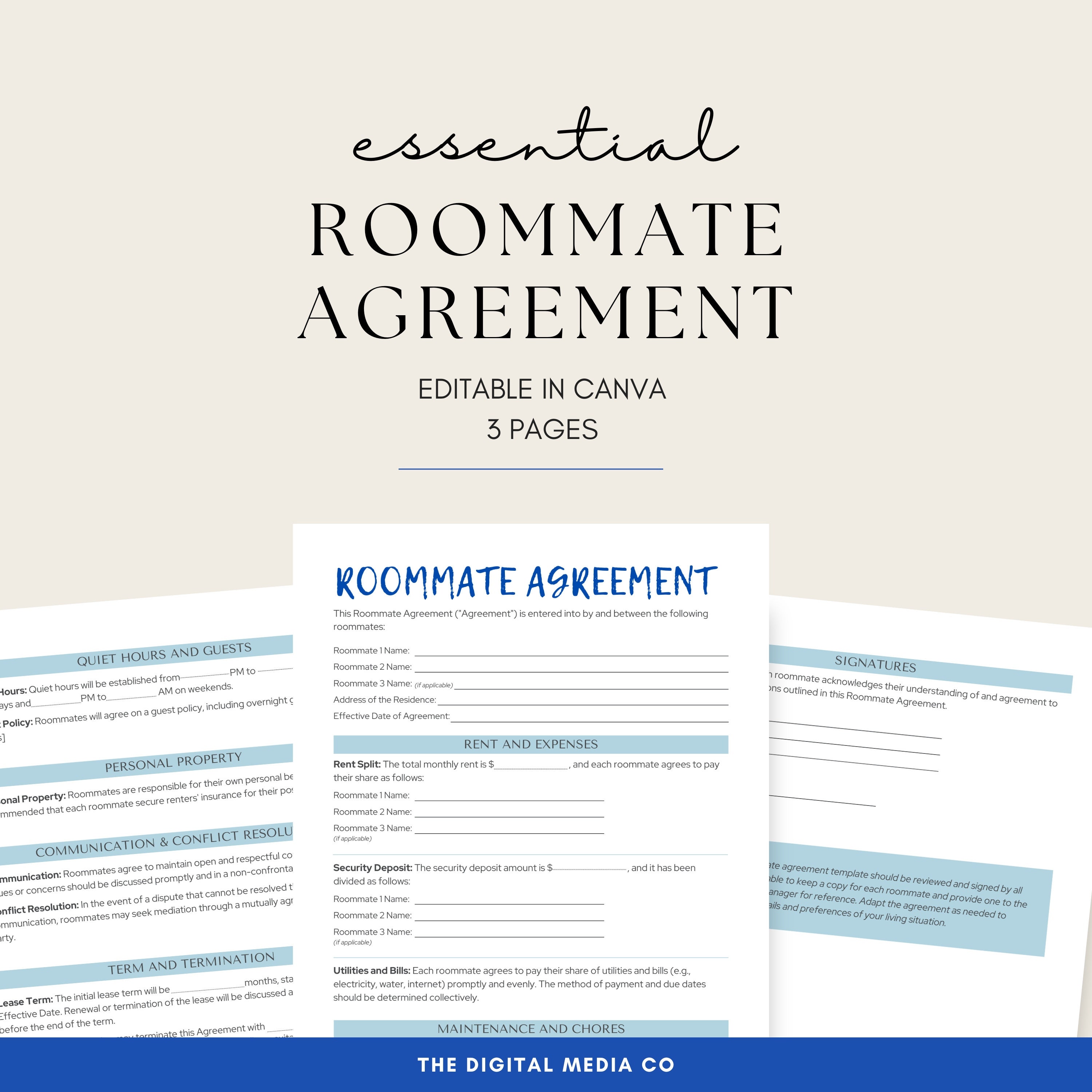 Roommate Agreement, Editable First Apartment Document, Digital Canva ...