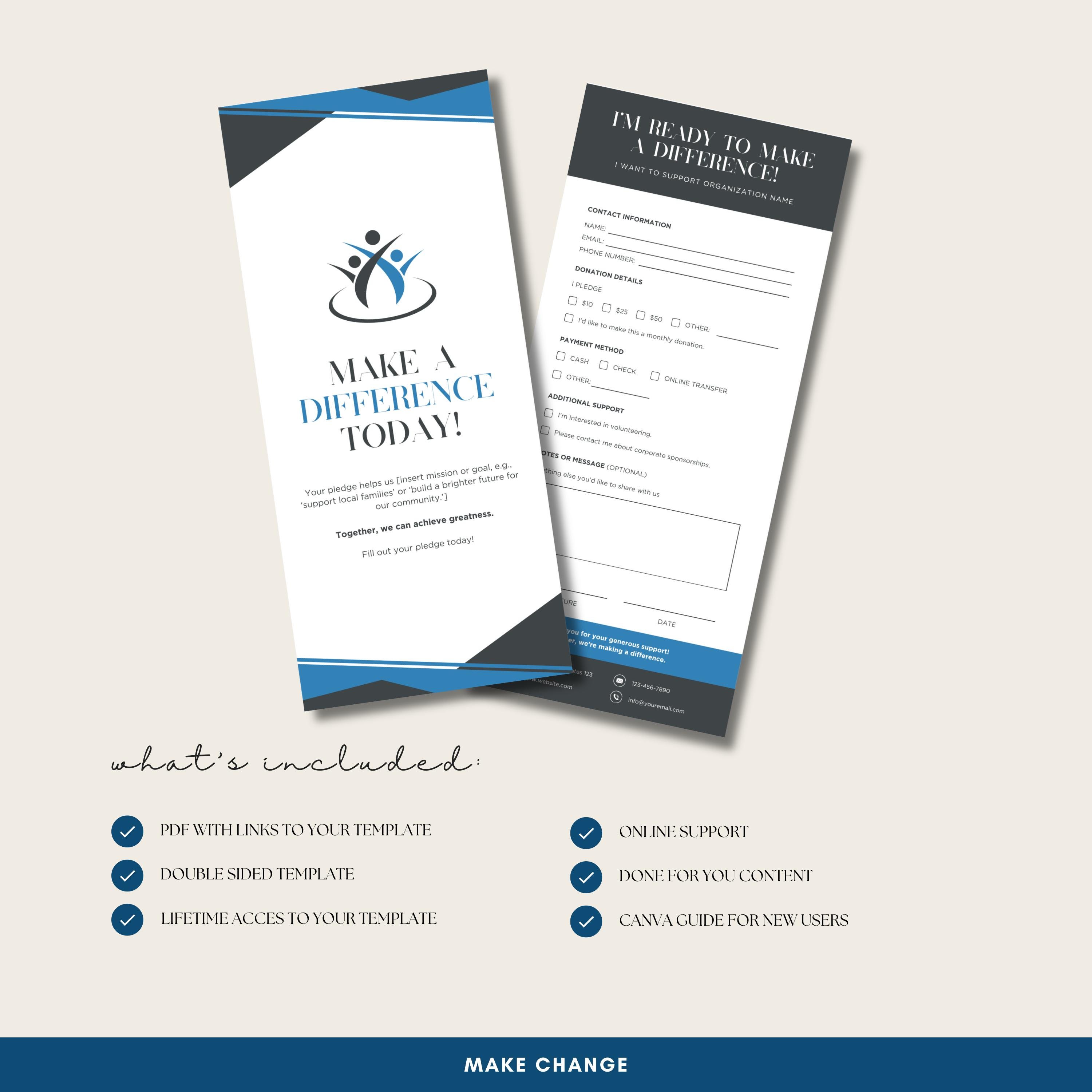 Fundraising Pledge Card Template, Editable Form for Charity Donations ...