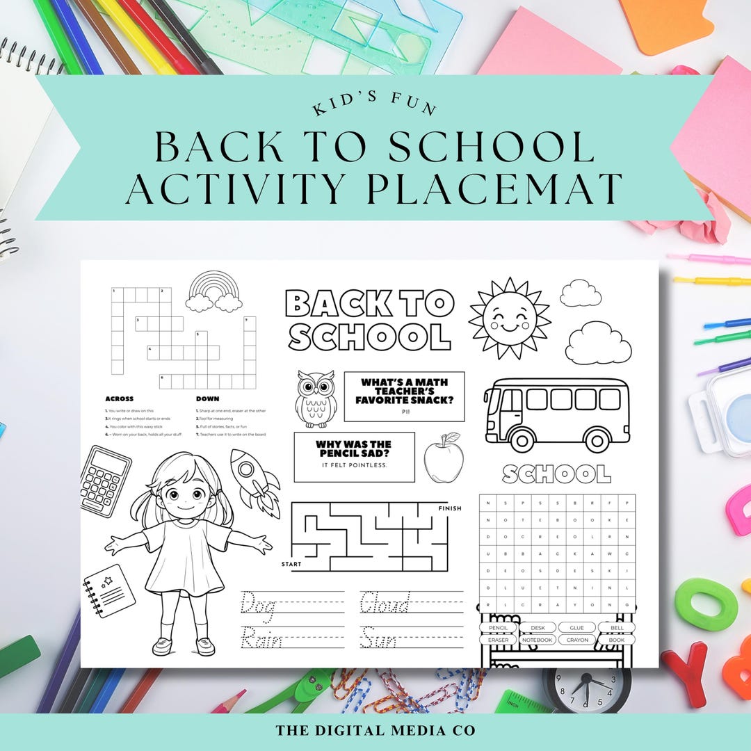 Back to Schools Activity Placemat for Kids, Printable Coloring & Games ...
