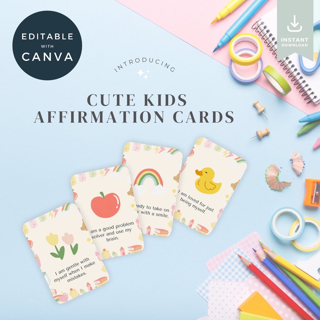 Kids Affirmation Cards Template Canva, Positive Phrases for Children ...