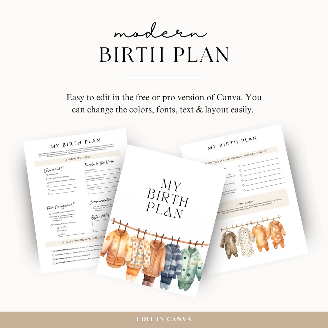 Modern Page Birth Plan Template | Instant Download for Moms | Editable ...