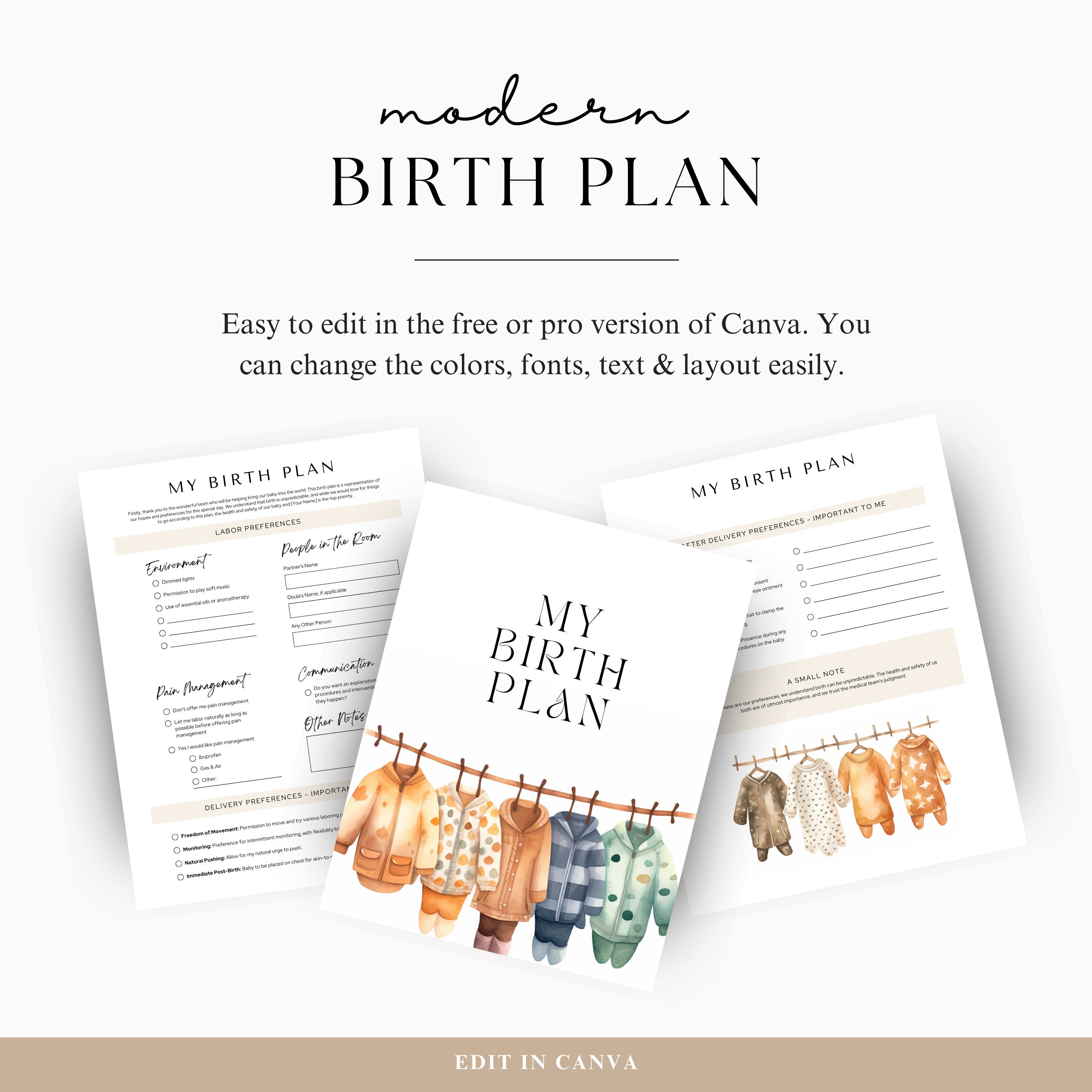 Modern Page Birth Plan Template | Instant Download for Moms | Editable ...