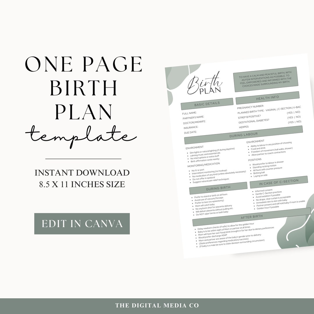 One Page Birthing Plan Template | Instant Download | Editable Canva ...