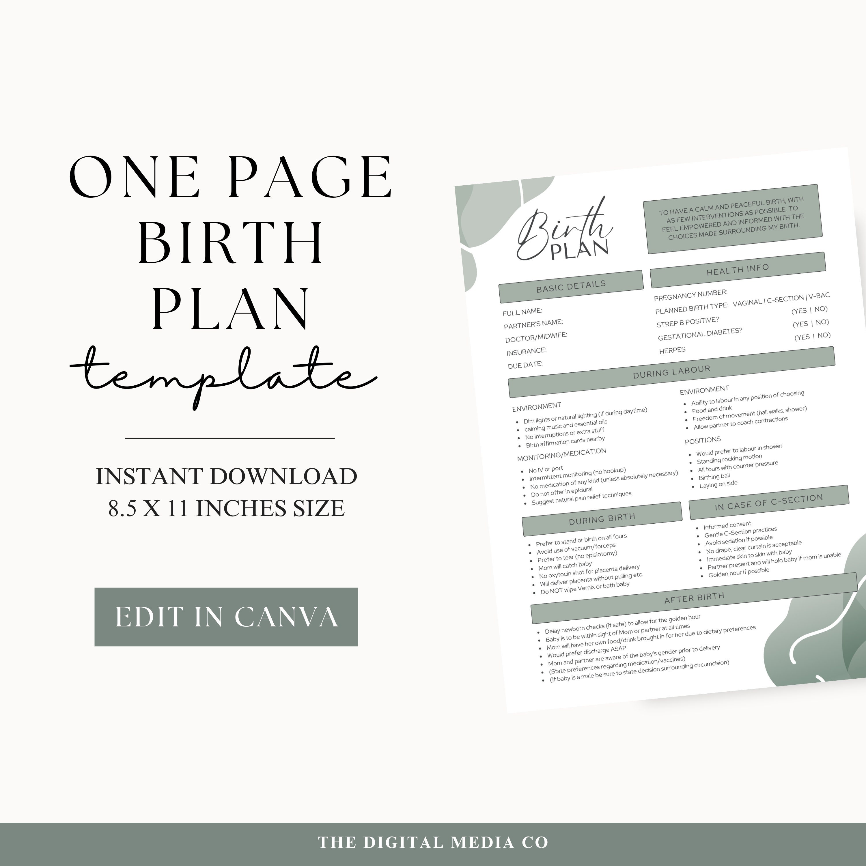 One Page Birthing Plan Template | Instant Download | Editable Canva ...