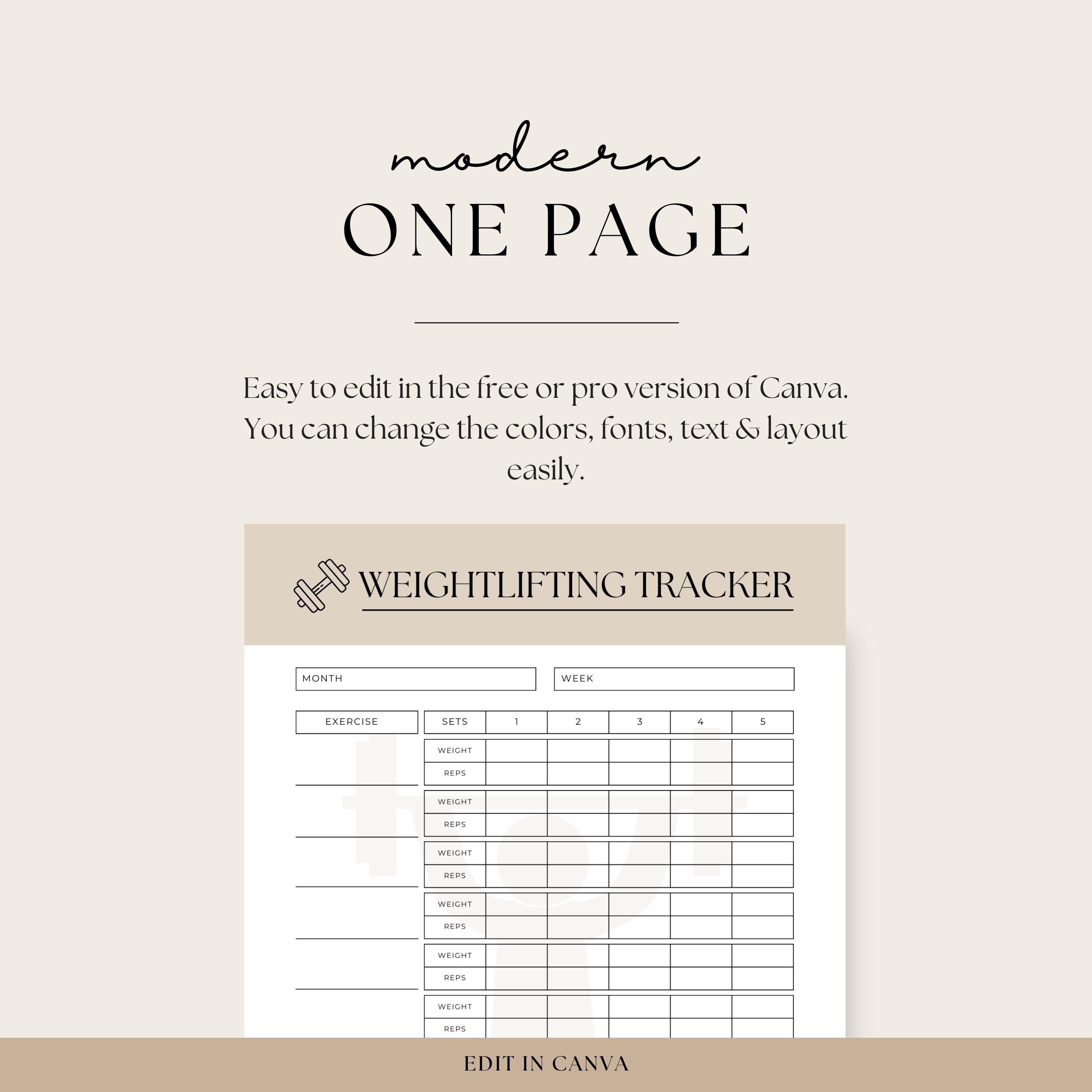 Weightlifting Tracker, One Sheet Weight Lifting Template, Canva Fitness ...