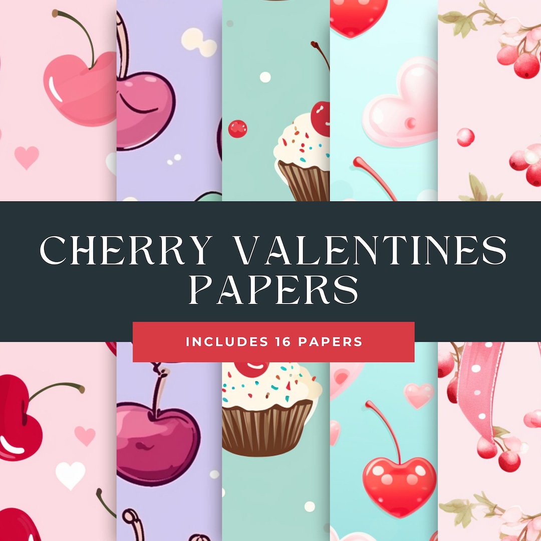 Cherry Valentines Digital Papers, Cute Valentine Backgrounds, Red Pink ...