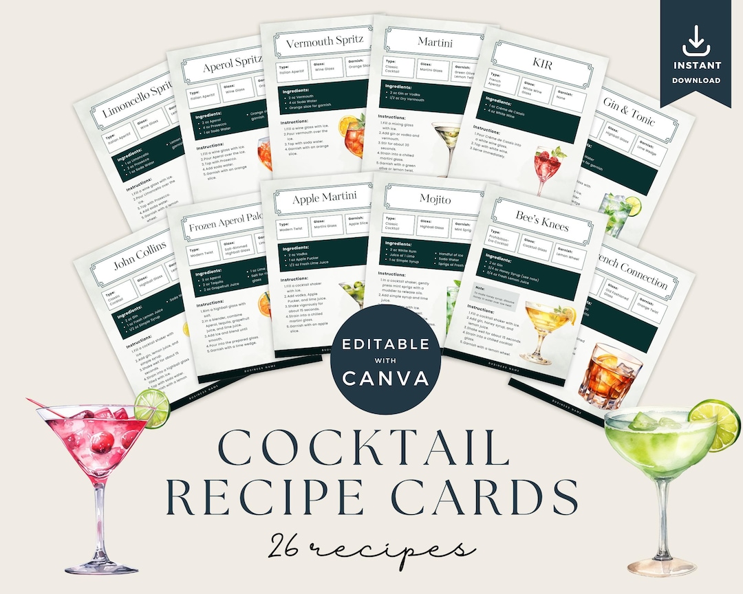 Cocktail Recipe Cards, Printable Drink Recipe Cards for Home Bar ...
